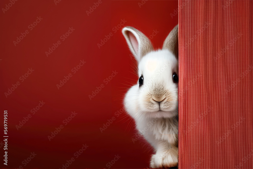 Cute baby rabbit peeks out from behind a corner on a red background ...