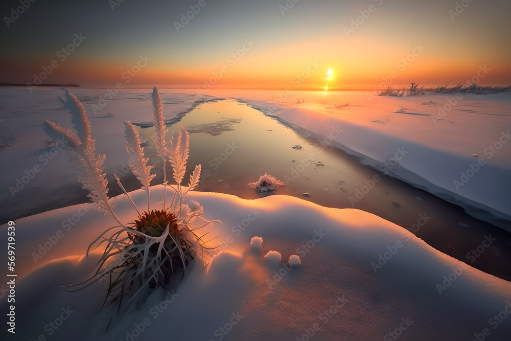 Sunrise on a frozen landscape with ice and snow, with green shoots of a ...