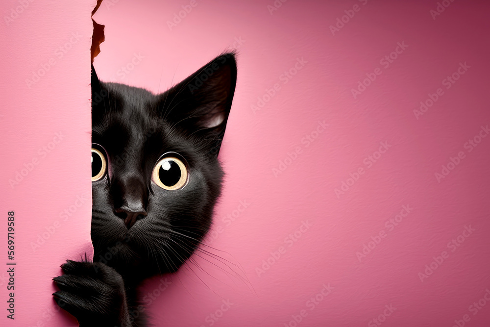Frightened black cat peeks out from behind a corner on a pink ...