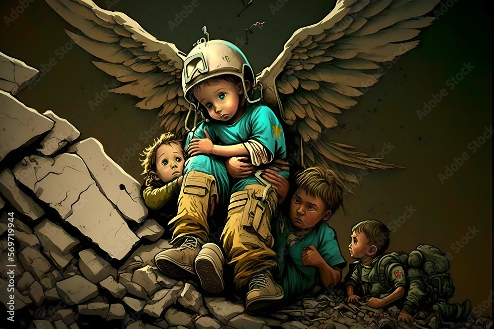 Hero search and rescue team, soldiers, police and firemen save an angel ...