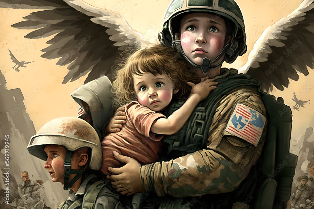 A hero lady soldier, rescues and saves a little child/kid/girl/boy from ...