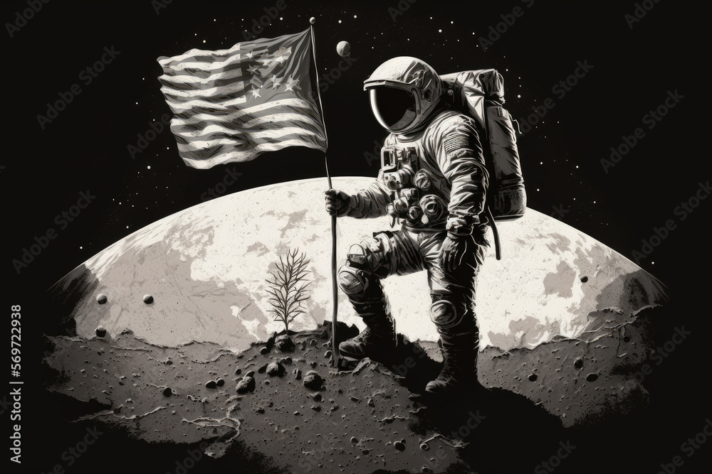 Astronaut planting flag on moon, symbol of human's reach to space ...