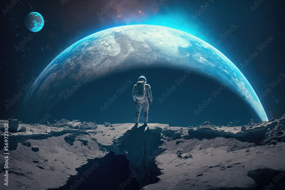 Astronaut standing on moon surface, looking up at blue Earth ...