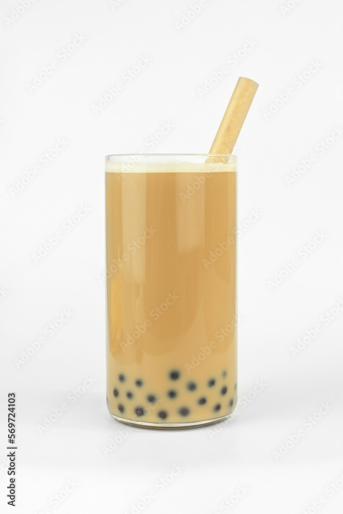 homemade chocolate coffee milk bubble tea with tapioca pearls in a ...