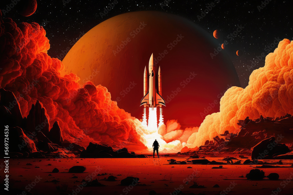 Striking contrast of red planet Mars and bright orange space shuttle ...