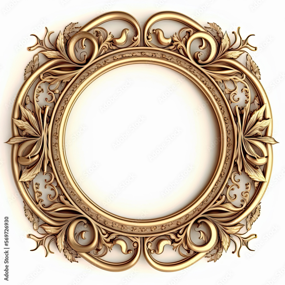 Ornate circular golden frame isolated. 3D rendering, frame, gold ...
