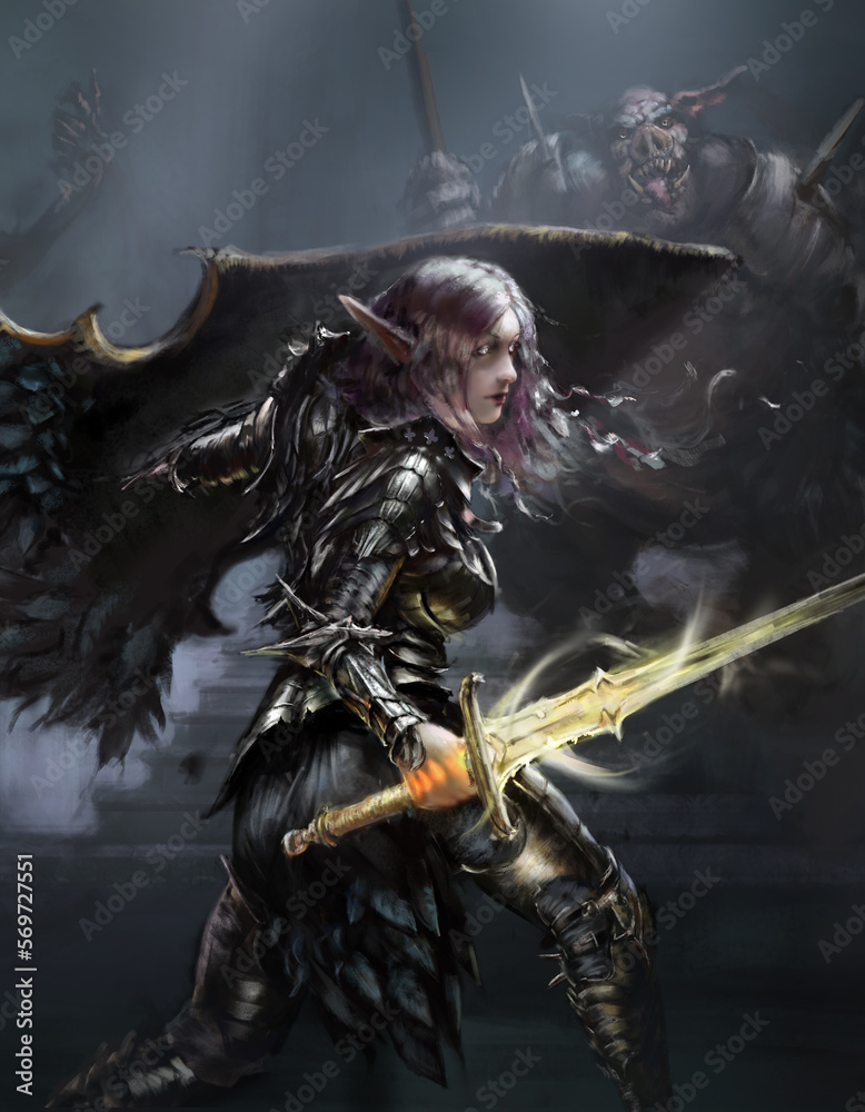 A beautiful dark elf in heavy black armor with a magic sword and shield ...