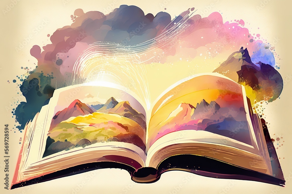 Bible illustration open book landscape art paradise sun light prayer ...