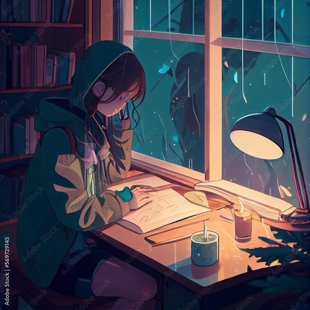 Lofi Girl studying at her desk. Rain ourside, beautiful chill ...