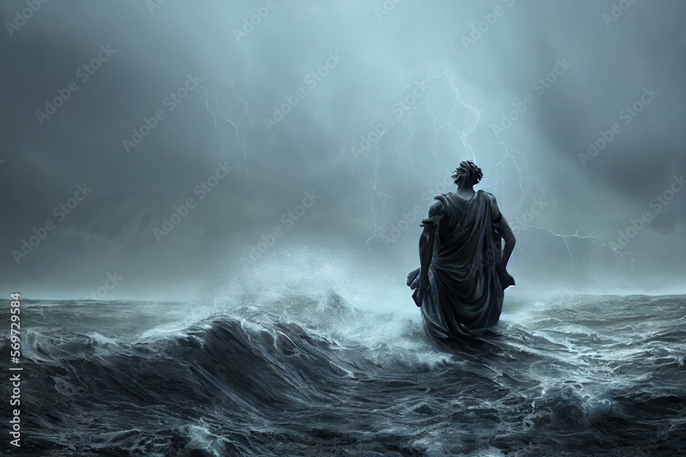 Giant figure of mythological Greek god Poseidon walking out of water ...