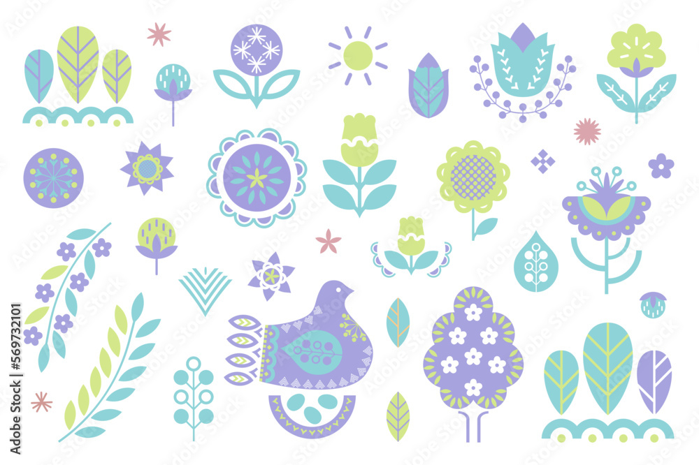 Spring stylized flowers, trees, plants, bird, geo minimalistic shapes ...