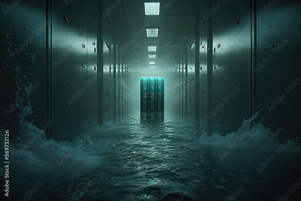 Datacenter being flooded. Water flooding the supercomputer array. Generative AI Stock ...