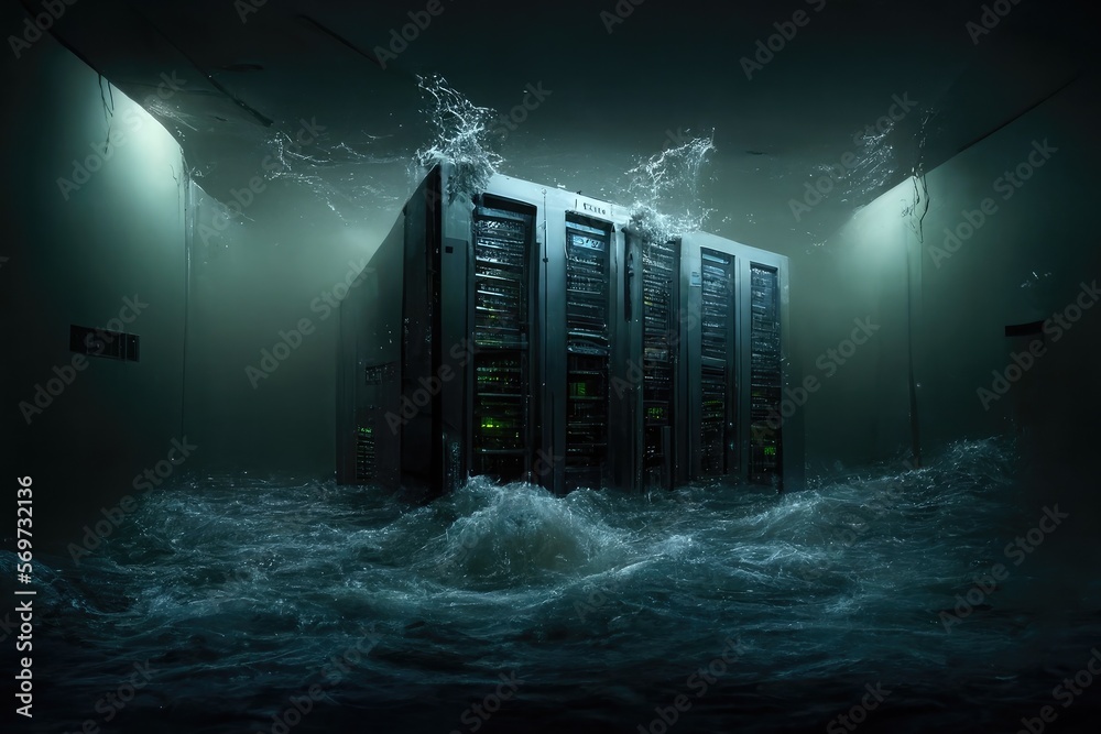 Datacenter being flooded. Water flooding the supercomputer array ...