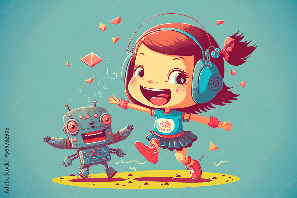 Kid and robot having fun, little girl dances and runs with her funny ...
