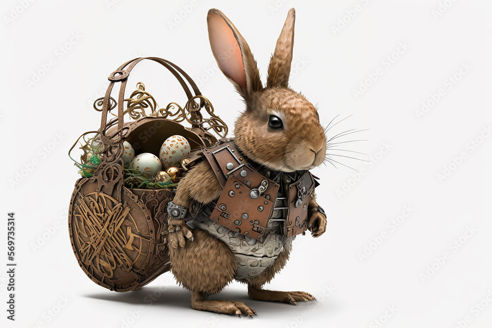 Illustrazione Stock Steampunk easter bunny with iron cauldron full of ...