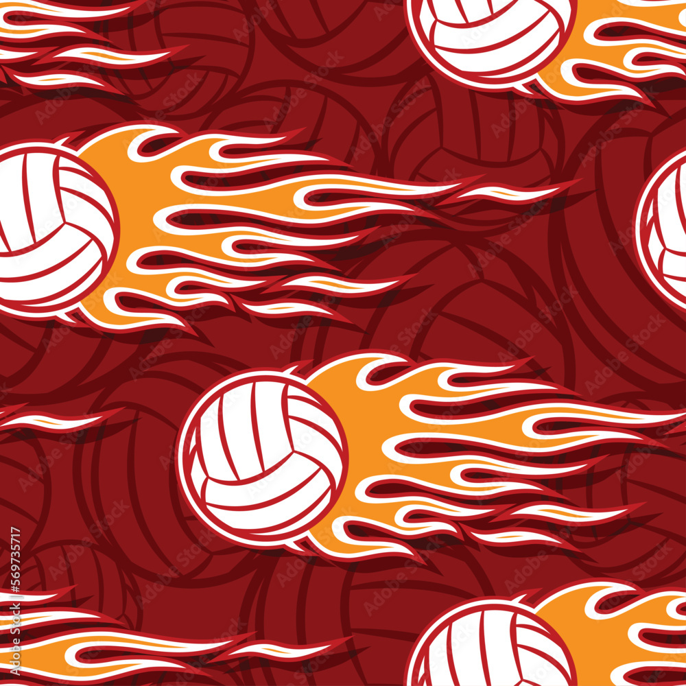 Volleyball balls in fire repeating tile background. Volleyball balls ...