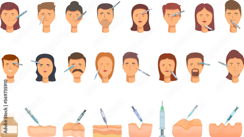 Botox icons set cartoon vector. Skin injection. Woman health Stock ...