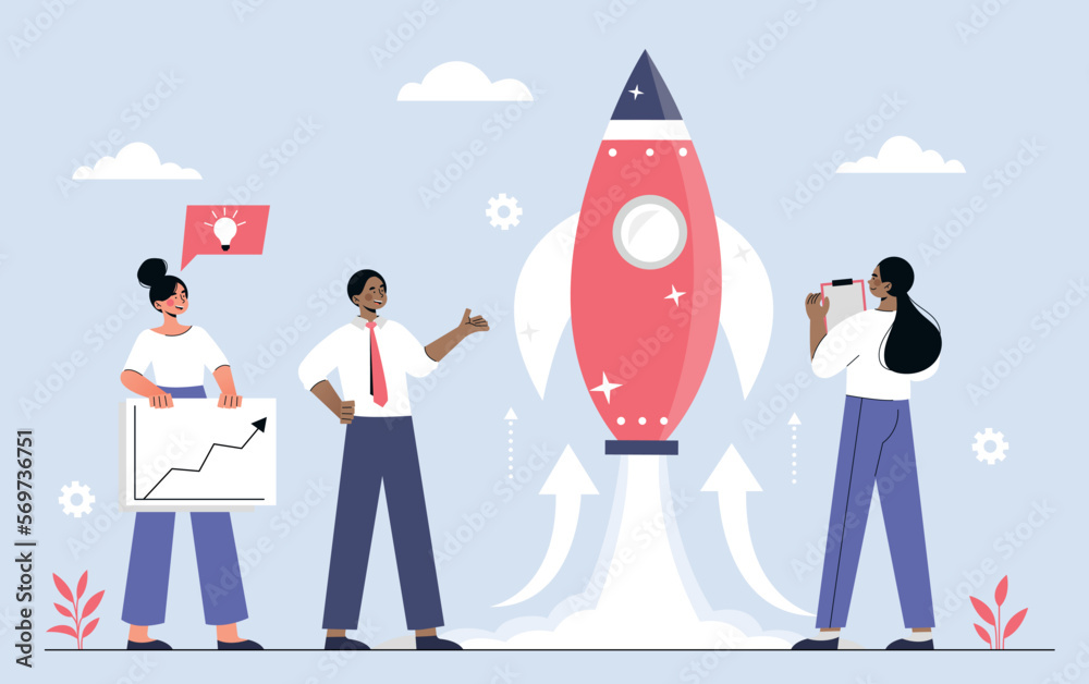 Business project concept. Team of man and women launch rocket, start up ...