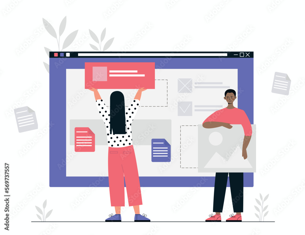 People design website. Man and woman with pictures and text complete ...