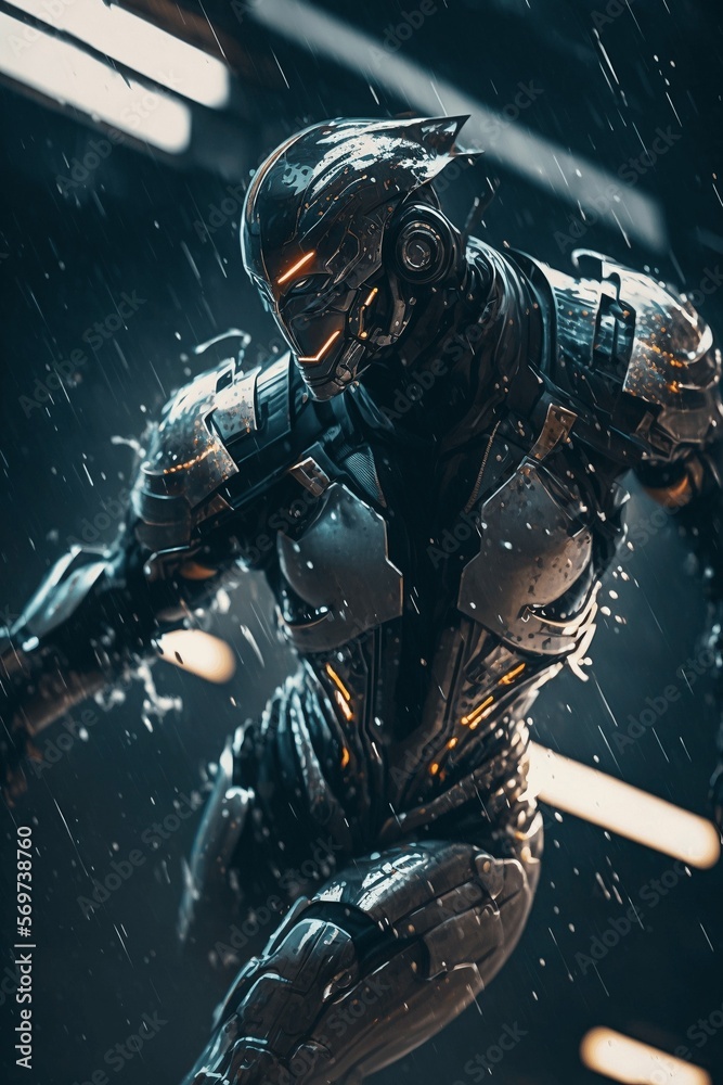 wet shiny reflective Biomechanical armor, he jumps and flips from a ...