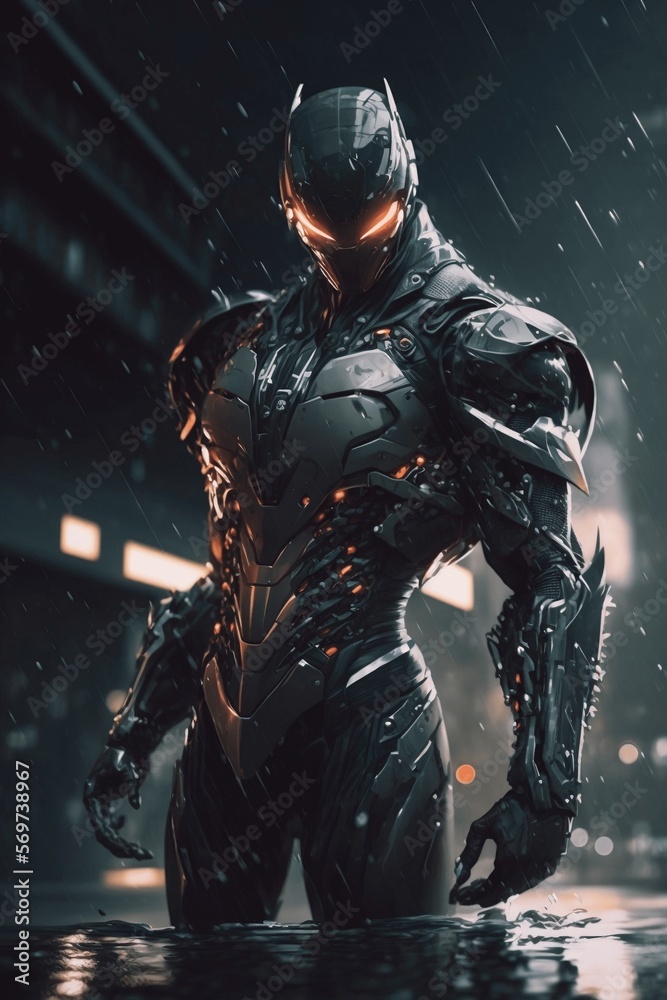 wet shiny reflective Biomechanical armor, he jumps and flips from a ...