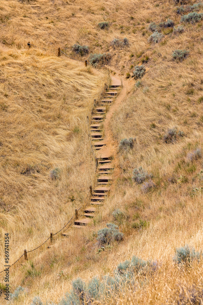 Mountain trail with wooden steps on a grassland slope in Boise, Idaho ...