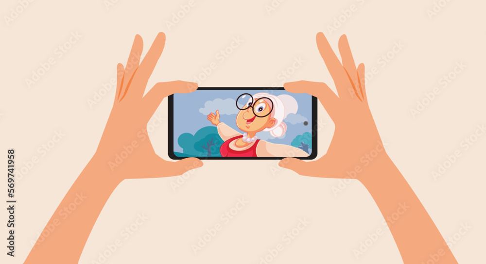 Person Making a Video Call Talking to Granny Vector Cartoon. Happy ...