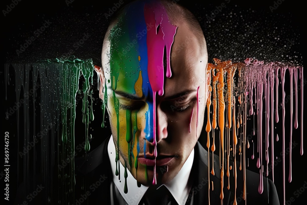 Rainbow Splash of Ink Graffiti Art: A Bald man in a Suit with Dripping ...