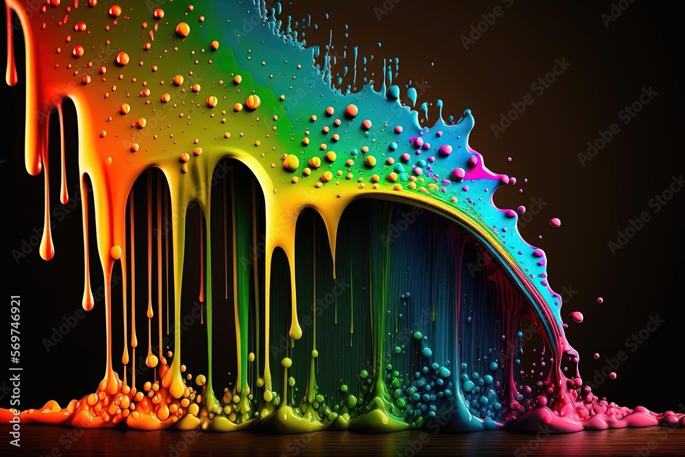 Rainbow Colored Liquid Pouring Down Building - Digital Art with Black ...
