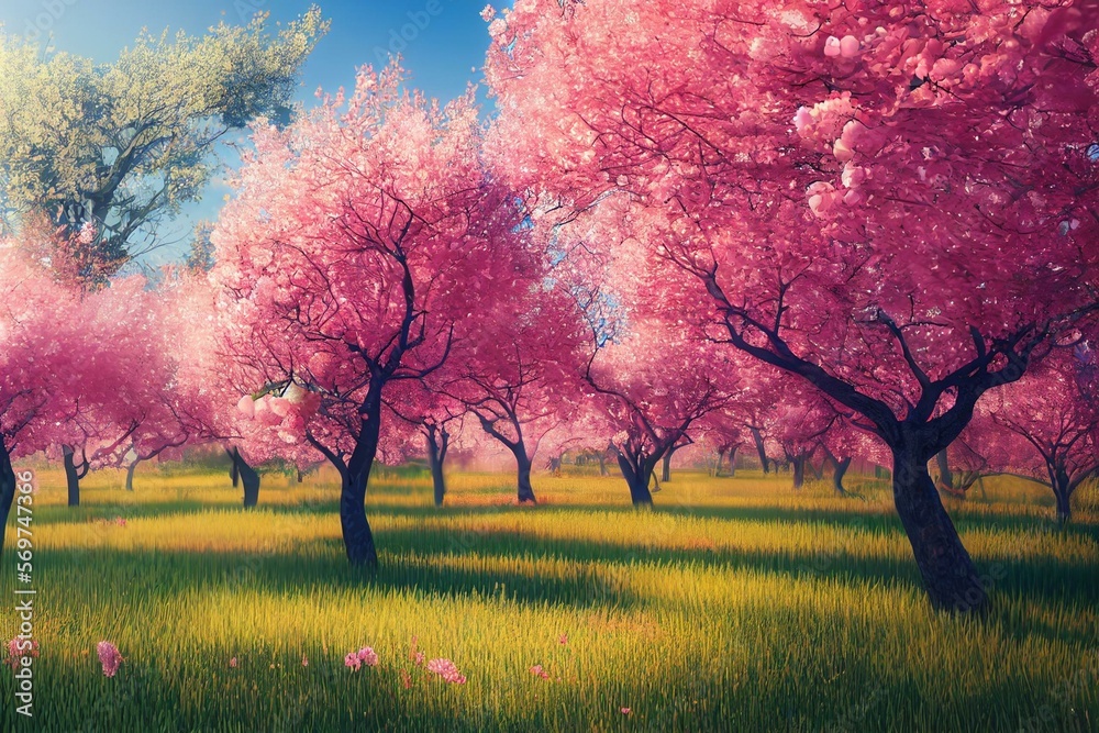 Beautiful orchard with blooming pink tree on a blue background on a ...