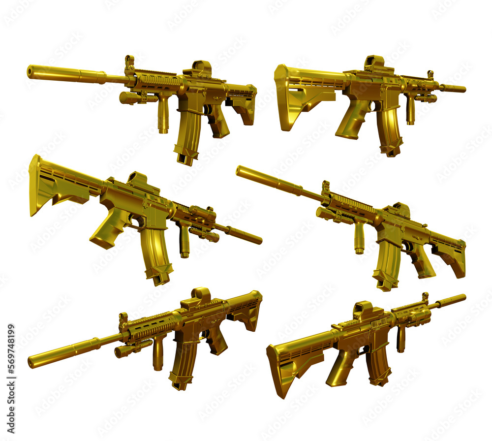 3d rendering gold golden battle rifle war semi automatic machine gun ...