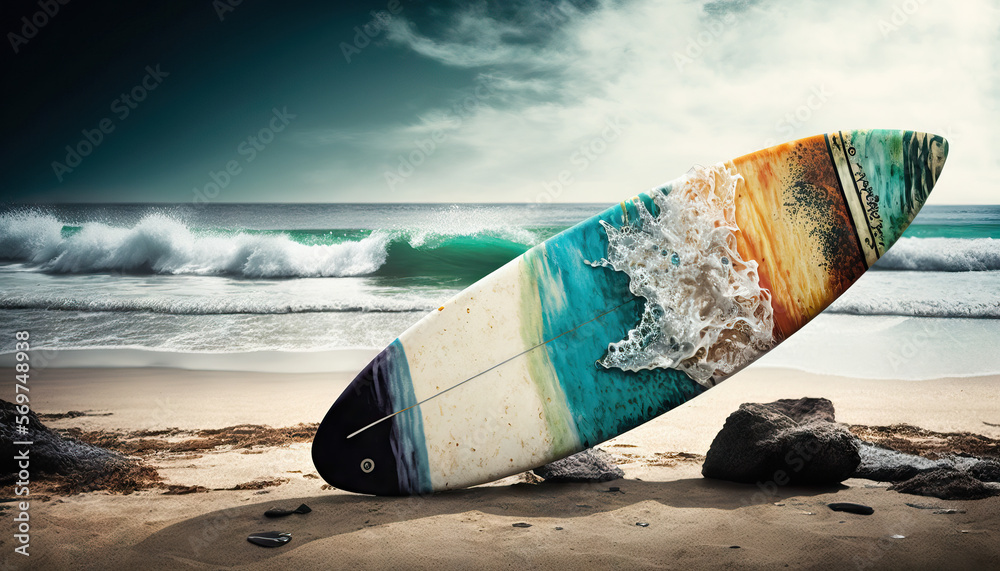 ภาพประกอบสต็อก Beautiful surfboard on the beach background. Sport and ...