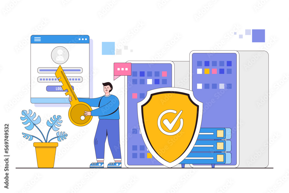 Vetor de Cyber security vector illustration concept with characters. Data security, protected ...