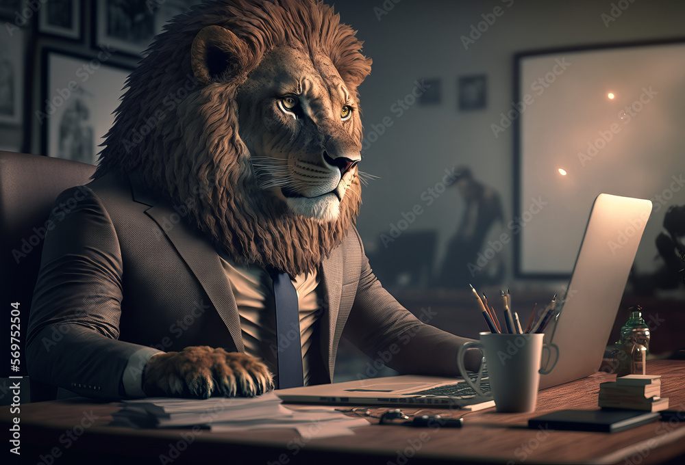 Business person with lion head in an office. Generative ai Stock ...