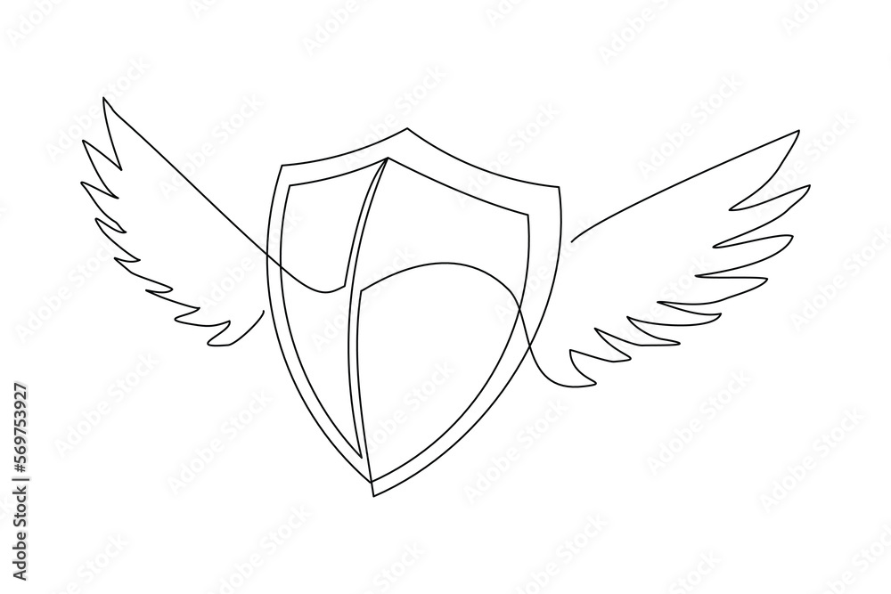 Continuous single one line drawing art of flying wings Shield ...