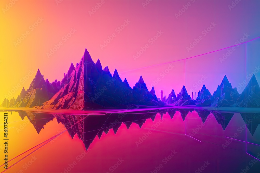 80s synthwave styled landscape, retrowave wireframe mountains, neon ...