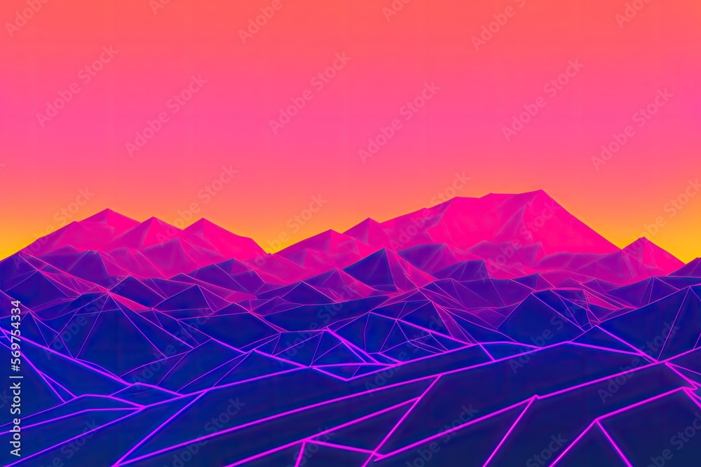 80s synthwave styled landscape, retrowave wireframe mountains, neon ...