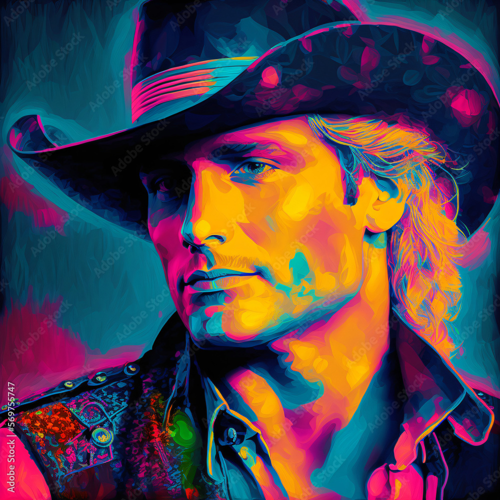 funk pop art style portrait of a country singer wearing a cowboy hat ...