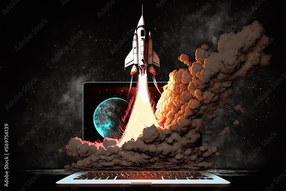 Rocket coming out of laptop screen, black background. AI digital illustration concept of ideas ...
