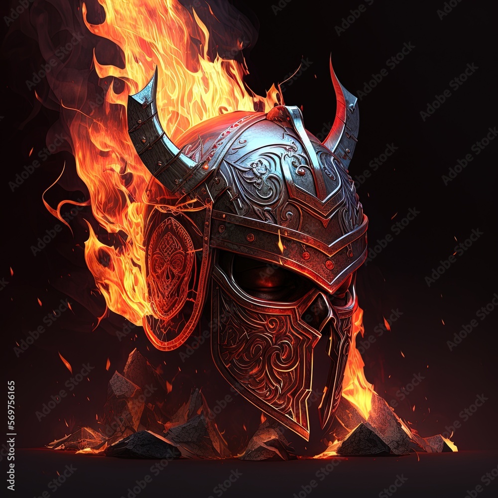 Generative A iron and leather viking helmet glowing with deep red fire ...