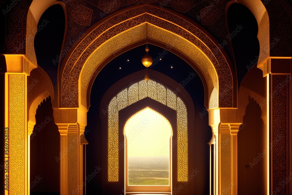 Islamic background painting. Mosque and shadows. Light rays from mosque ...