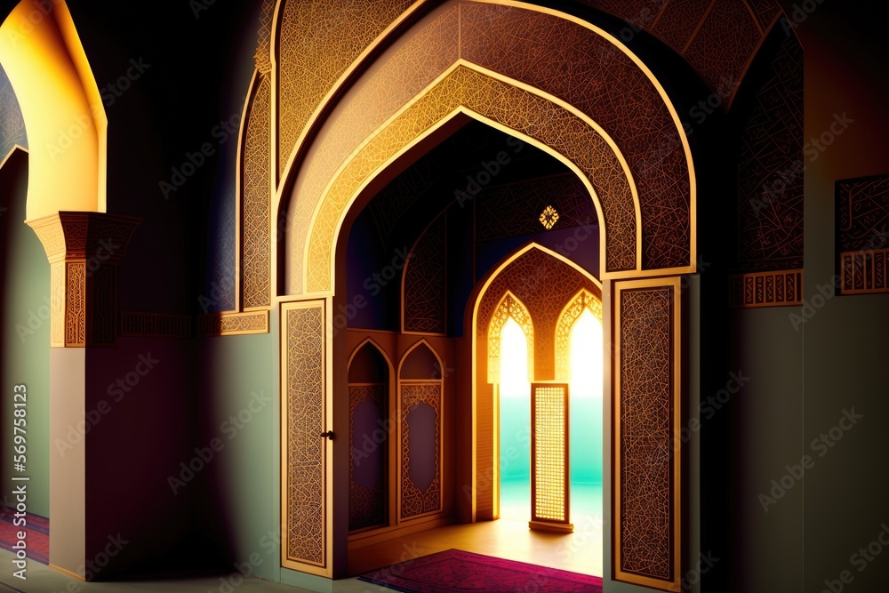 Islamic background painting. Mosque and shadows. Light rays from mosque ...