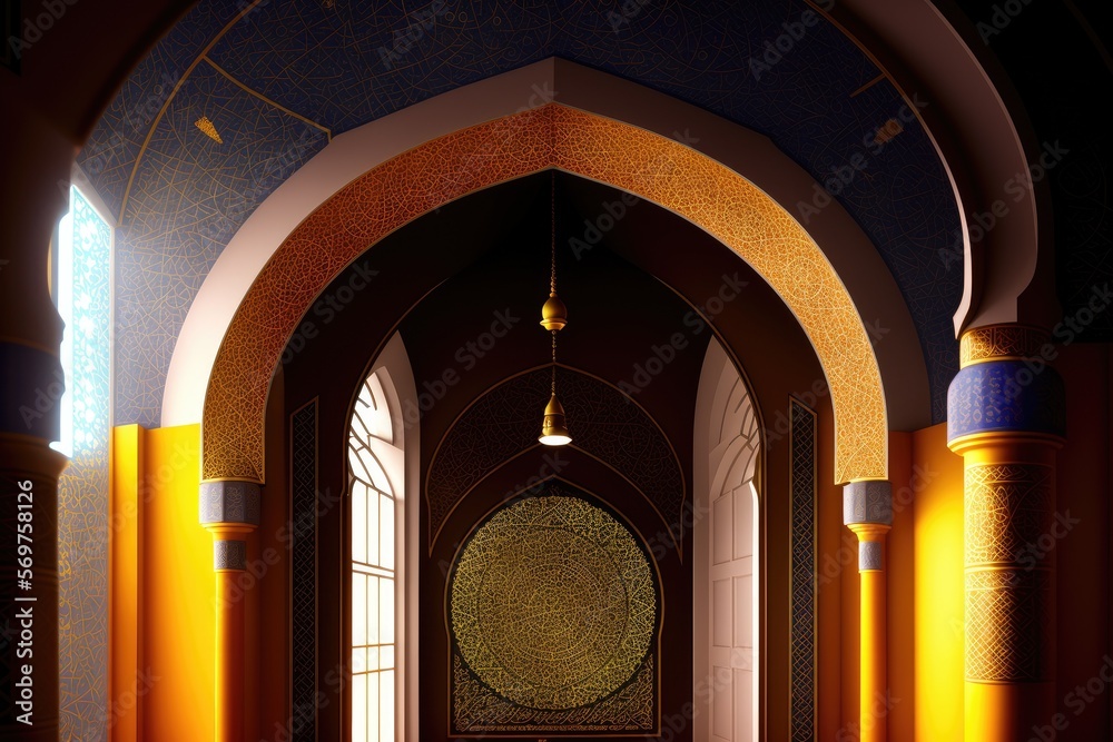 Islamic background painting. Mosque and shadows. Light rays from mosque ...