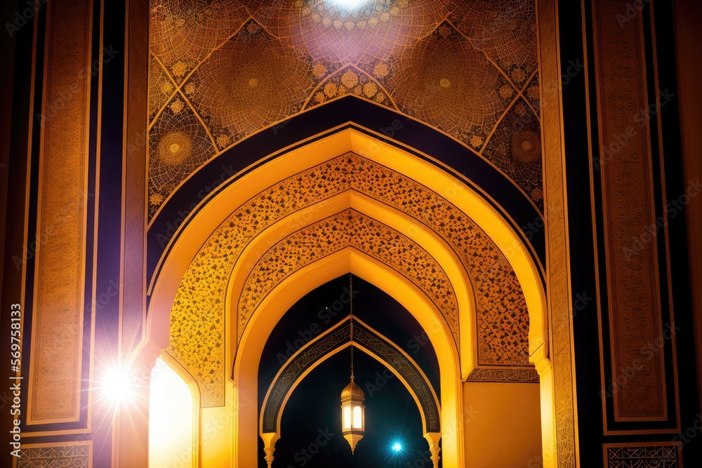 Islamic background painting. Mosque and shadows. Light rays from mosque ...