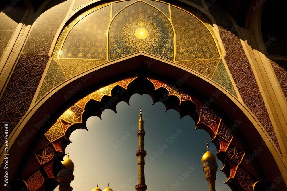 Islamic background painting. Mosque and shadows. Light rays from mosque ...