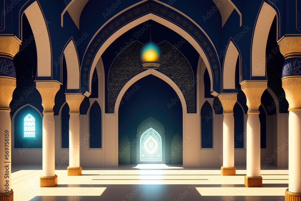 Islamic background painting. Mosque and shadows. Light rays from mosque ...