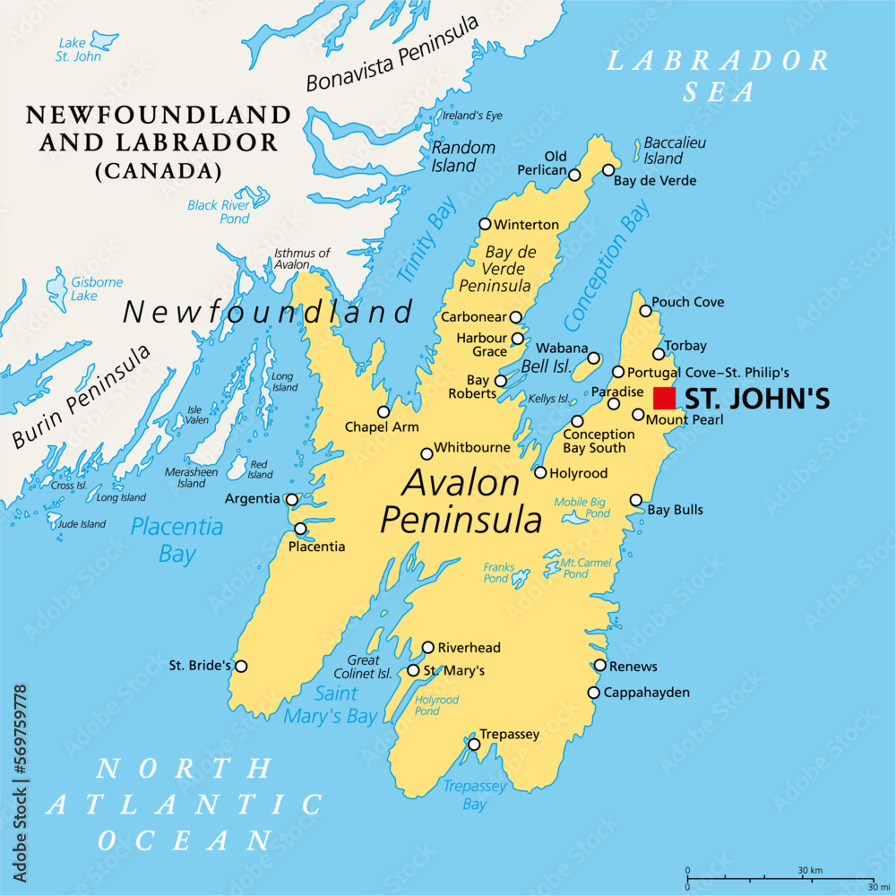 Avalon Peninsula, political map. Southeast portion of island of ...