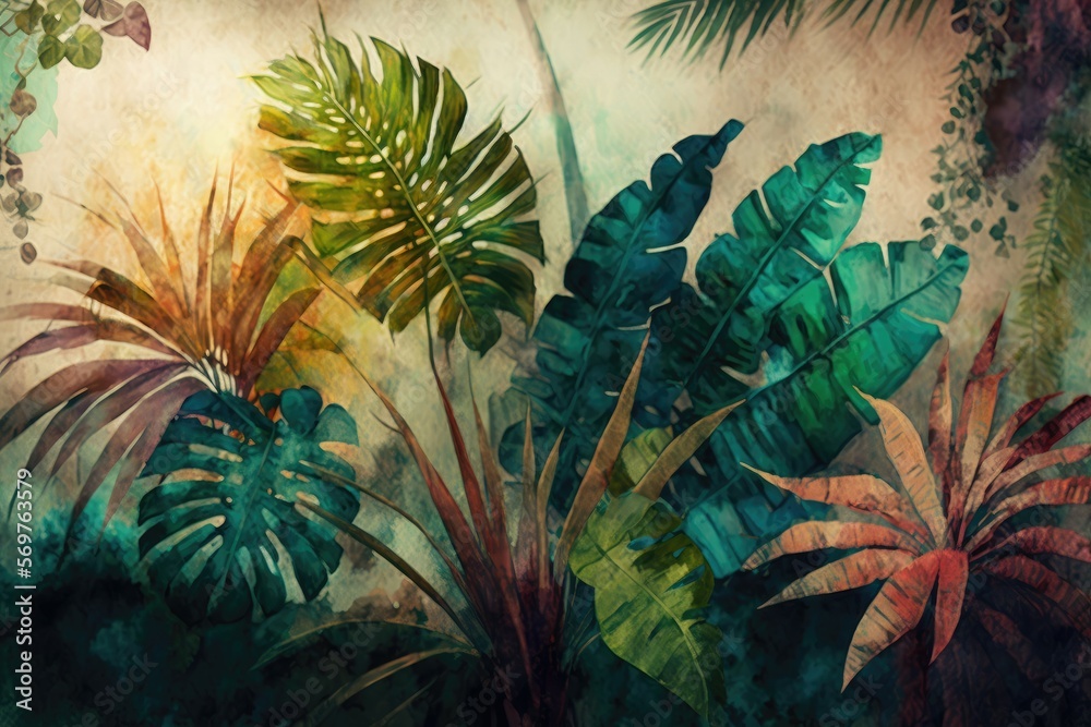 Tropical plants and trees watercolor painting for texture background ...