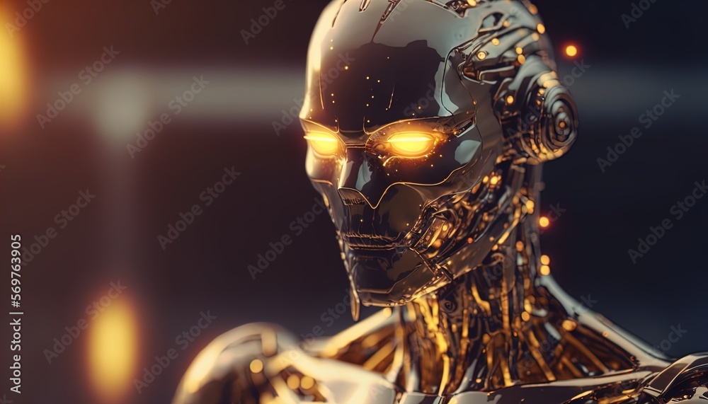 Futuristic golden AI Android in cinematic lighting, photoreal, realism ...