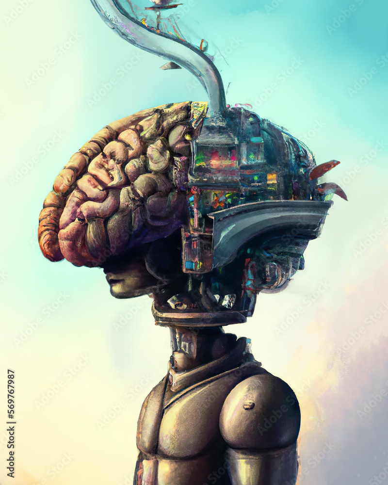 Brain / Trust. Oversized brain connected to a computer with wires ...